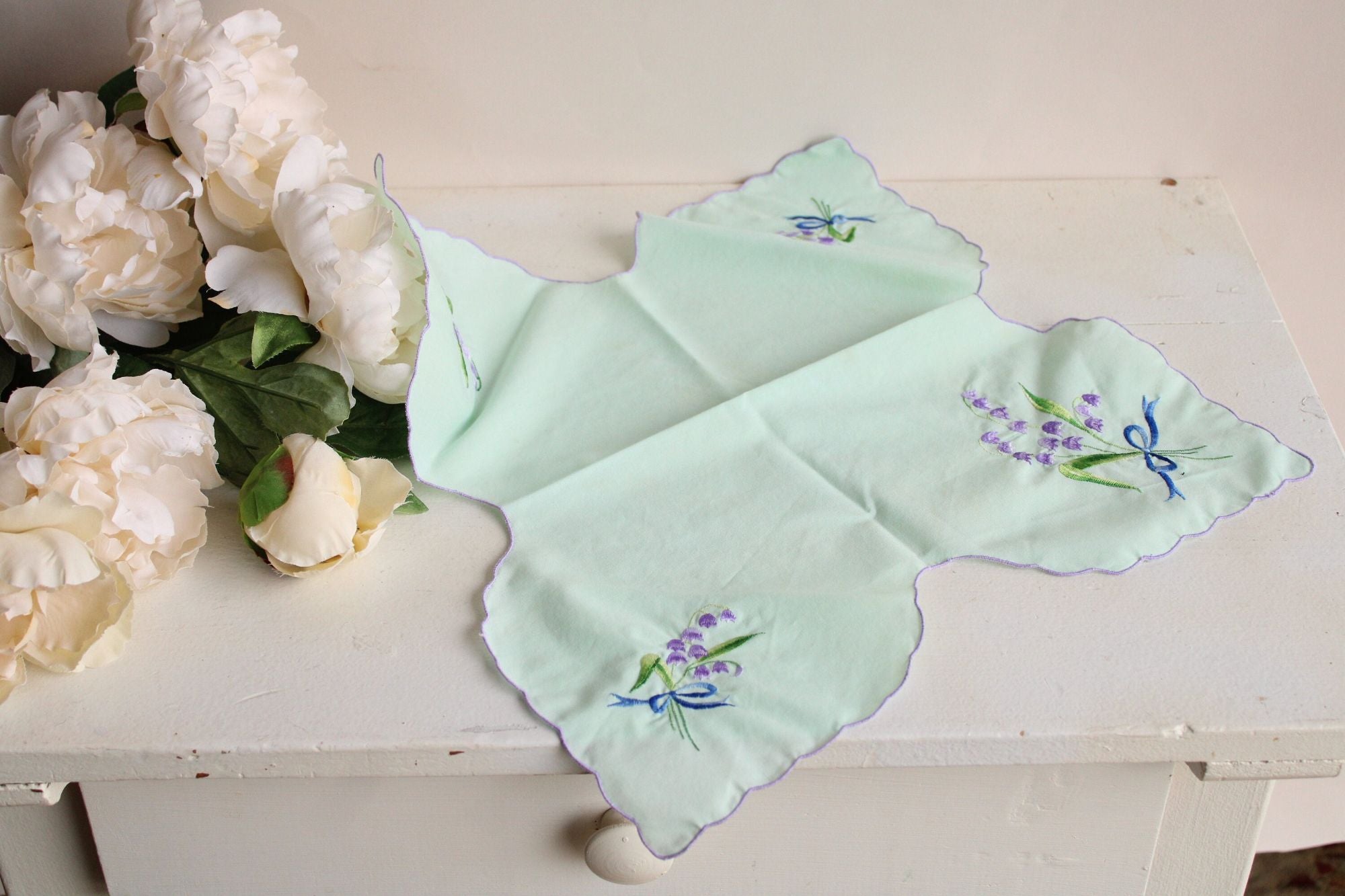 Vintage Mint Green Bun Warmer Embroidered with Purple Harebell Flowers ...